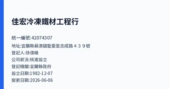 佳宏冷凍鐵材工程行的照片-統編 42074307(宜蘭縣) 公司登記資料與營業項目詳細圖表