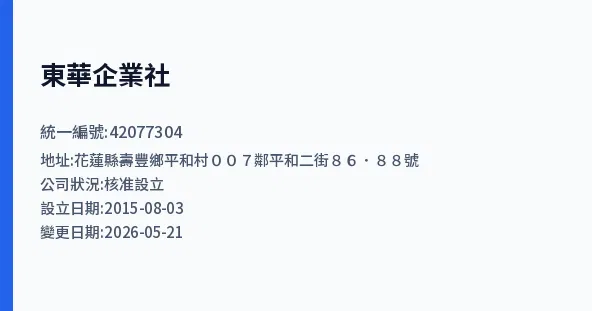 東華企業社的照片-統編 42077304(花蓮縣) 公司登記資料與營業項目詳細圖表