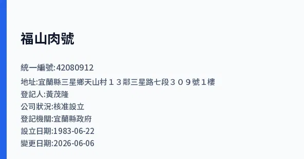 福山肉號的照片-統編 42080912(宜蘭縣) 公司登記資料與營業項目詳細圖表