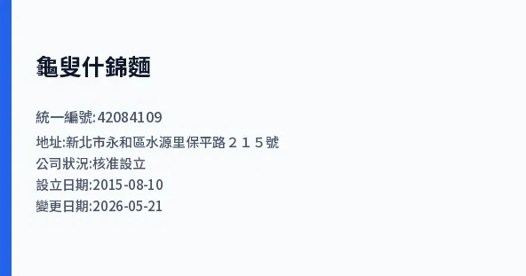 龜叟什錦麵的照片-統編 42084109(新北市) 公司登記資料與營業項目詳細圖表