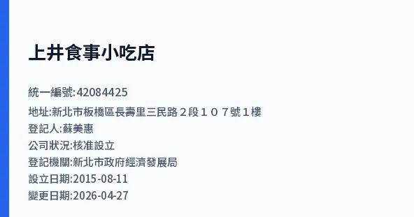 上井食事小吃店的照片-統編 42084425(新北市) 公司登記資料與營業項目詳細圖表