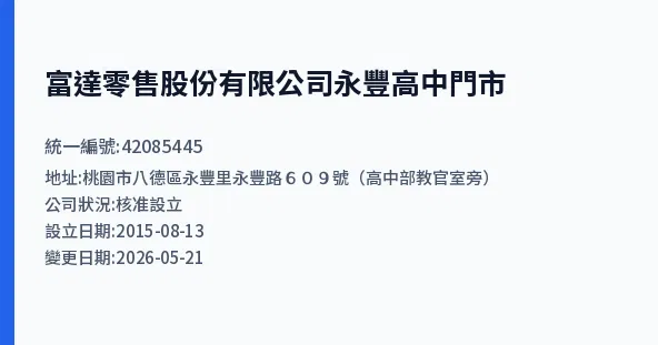富達零售股份有限公司永豐高中門市的照片-統編 42085445(桃園市) 公司登記資料與營業項目詳細圖表