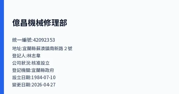 億昌機械修理部的照片-統編 42092353(宜蘭縣) 公司登記資料與營業項目詳細圖表