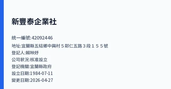 新豐泰企業社的照片-統編 42092446(宜蘭縣) 公司登記資料與營業項目詳細圖表