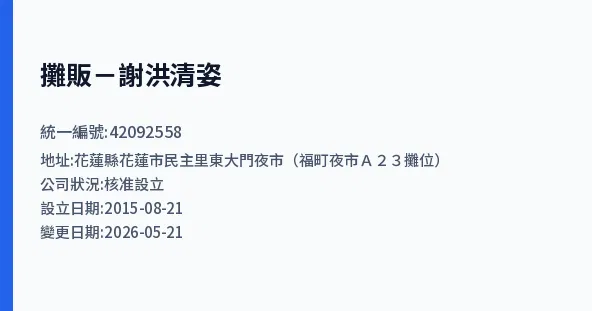 攤販-謝洪清姿的照片-統編 42092558(花蓮縣) 公司登記資料與營業項目詳細圖表