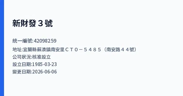 新財發3號的照片-統編 42098259(宜蘭縣) 公司登記資料與營業項目詳細圖表