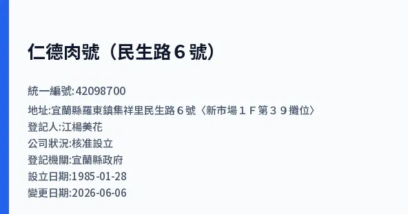 仁德肉號(民生路6號)的照片-統編 42098700(宜蘭縣) 公司登記資料與營業項目詳細圖表