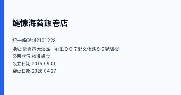 鍵慷海苔飯卷店的照片-統編 42101228(桃園市) 公司登記資料與營業項目詳細圖表