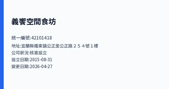 義饗空間食坊的照片-統編 42101418(宜蘭縣) 公司登記資料與營業項目詳細圖表