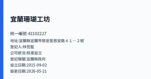 宜蘭珊瑚工坊的照片-統編 42102227(宜蘭縣) 公司登記資料與營業項目詳細圖表
