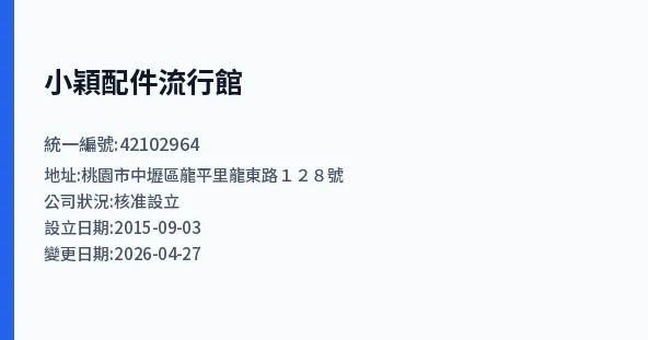 小穎配件流行館的照片-統編 42102964(桃園市) 公司登記資料與營業項目詳細圖表