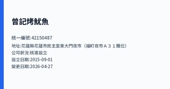 曾記烤魷魚的照片-統編 42150487(花蓮縣) 公司登記資料與營業項目詳細圖表