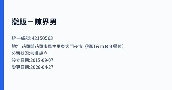 攤販-陳界男的照片-統編 42150563(花蓮縣) 公司登記資料與營業項目詳細圖表