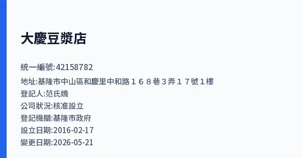大慶豆漿店的照片-統編 42158782(基隆市) 公司登記資料與營業項目詳細圖表