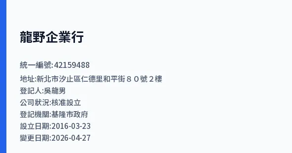 龍野企業行的照片-統編 42159488(新北市) 公司登記資料與營業項目詳細圖表