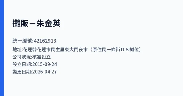 攤販-朱金英的照片-統編 42162913(花蓮縣) 公司登記資料與營業項目詳細圖表