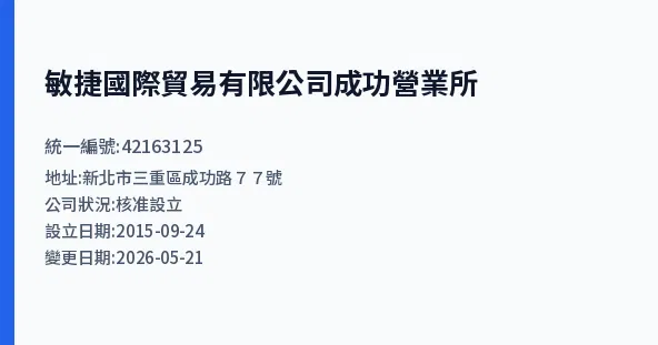 敏捷國際貿易有限公司成功營業所的照片-統編 42163125(新北市) 公司登記資料與營業項目詳細圖表