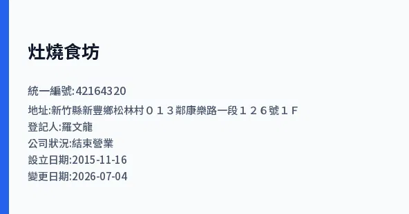 灶燒食坊的照片-統編 42164320(新竹縣) 公司登記資料與營業項目詳細圖表