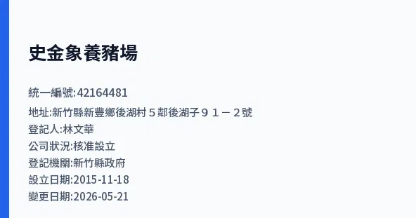 史金象養豬場的照片-統編 42164481(新竹縣) 公司登記資料與營業項目詳細圖表