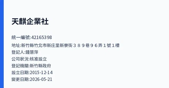 天麒企業社的照片-統編 42165398(新竹縣) 公司登記資料與營業項目詳細圖表