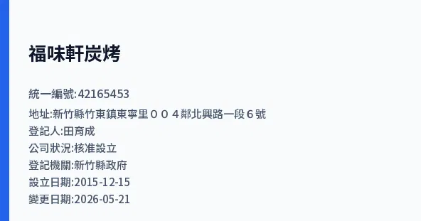 福味軒炭烤的照片-統編 42165453(新竹縣) 公司登記資料與營業項目詳細圖表
