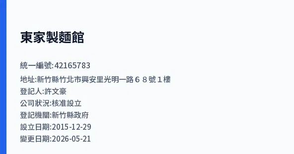 東家製麵館的照片-統編 42165783(新竹縣) 公司登記資料與營業項目詳細圖表