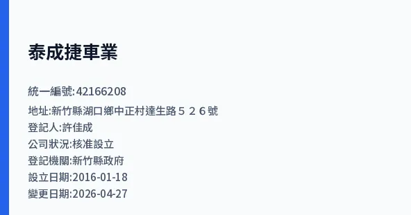 泰成捷車業的照片-統編 42166208(新竹縣) 公司登記資料與營業項目詳細圖表