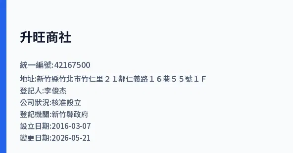 升旺商社的照片-統編 42167500(新竹縣) 公司登記資料與營業項目詳細圖表