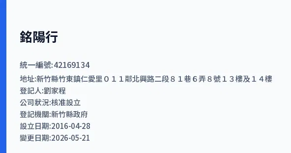 銘陽行的照片-統編 42169134(新竹縣) 公司登記資料與營業項目詳細圖表