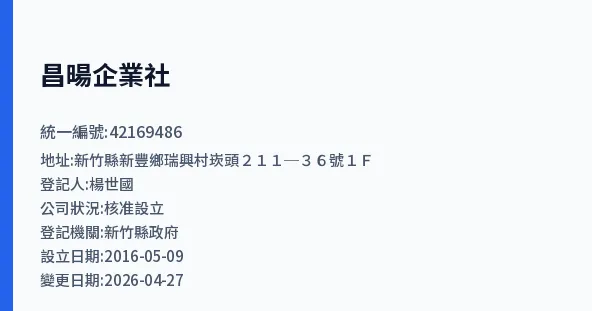昌暘企業社的照片-統編 42169486(新竹縣) 公司登記資料與營業項目詳細圖表