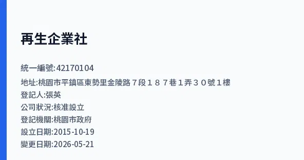 再生企業社的照片-統編 42170104(桃園市) 公司登記資料與營業項目詳細圖表
