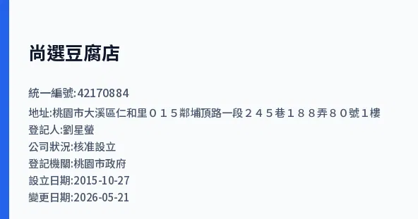 尚選豆腐店的照片-統編 42170884(桃園市) 公司登記資料與營業項目詳細圖表