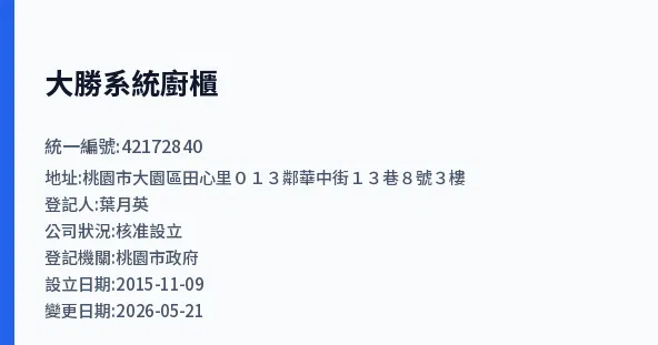 大勝系統廚櫃的照片-統編 42172840(桃園市) 公司登記資料與營業項目詳細圖表