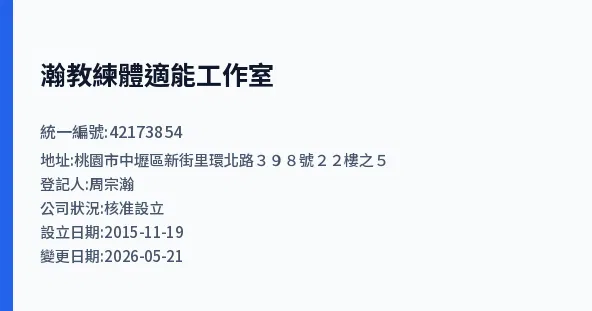 瀚教練體適能工作室的照片-統編 42173854(桃園市) 公司登記資料與營業項目詳細圖表