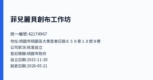 菲兒麗貝創布工作坊的照片-統編 42174967(桃園市) 公司登記資料與營業項目詳細圖表