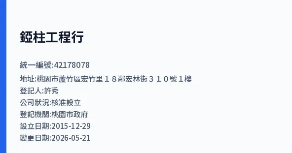 錏柱工程行的照片-統編 42178078(桃園市) 公司登記資料與營業項目詳細圖表