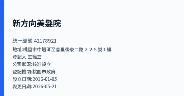 新方向美髮院的照片-統編 42178921(桃園市) 公司登記資料與營業項目詳細圖表