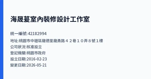 海晟萲室內裝修設計工作室的照片-統編 42182994(桃園市) 公司登記資料與營業項目詳細圖表