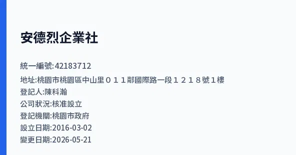 安德烈企業社的照片-統編 42183712(桃園市) 公司登記資料與營業項目詳細圖表