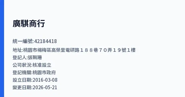 廣騏商行的照片-統編 42184418(桃園市) 公司登記資料與營業項目詳細圖表