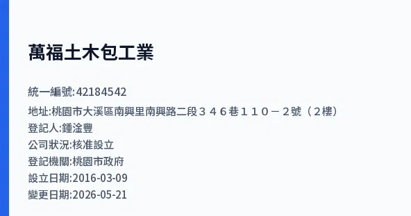 萬福土木包工業的照片-統編 42184542(桃園市) 公司登記資料與營業項目詳細圖表
