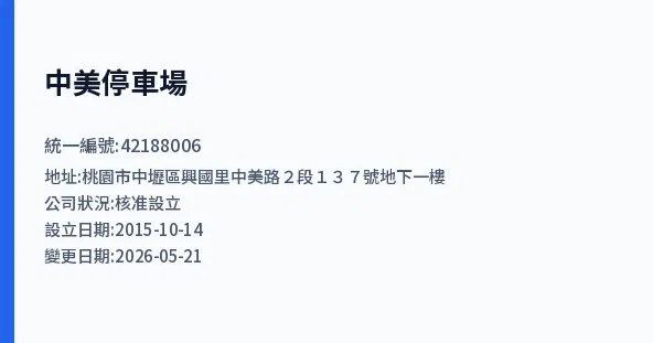 中美停車場的照片-統編 42188006(桃園市) 公司登記資料與營業項目詳細圖表