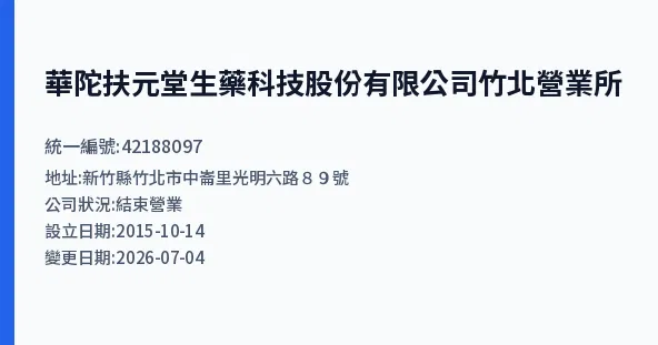華陀扶元堂生藥科技股份有限公司竹北營業所的照片-統編 42188097(新竹縣) 公司登記資料與營業項目詳細圖表