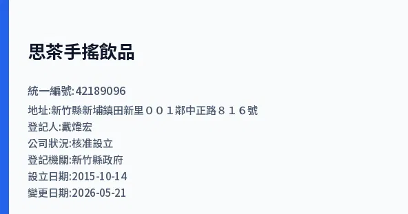 思茶手搖飲品的照片-統編 42189096(新竹縣) 公司登記資料與營業項目詳細圖表