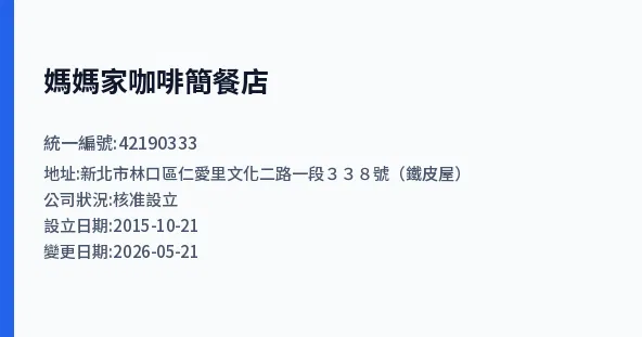媽媽家咖啡簡餐店的照片-統編 42190333(新北市) 公司登記資料與營業項目詳細圖表