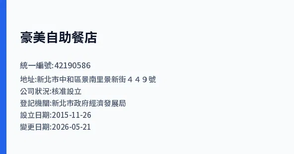 豪美自助餐店的照片-統編 42190586(新北市) 公司登記資料與營業項目詳細圖表