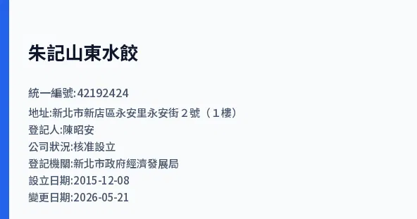 朱記山東水餃的照片-統編 42192424(新北市) 公司登記資料與營業項目詳細圖表