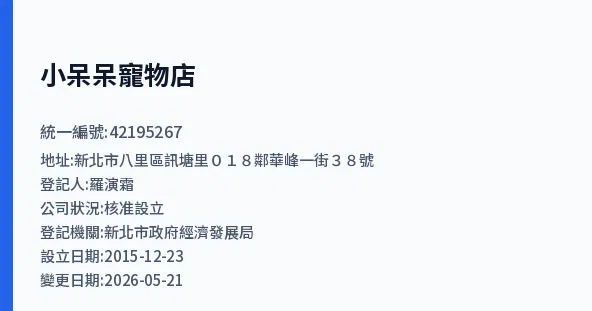 小呆呆寵物店的照片-統編 42195267(新北市) 公司登記資料與營業項目詳細圖表