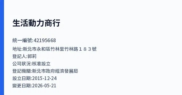 生活動力商行的照片-統編 42195668(新北市) 公司登記資料與營業項目詳細圖表