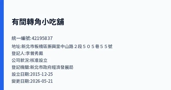 有間轉角小吃舖的照片-統編 42195837(新北市) 公司登記資料與營業項目詳細圖表